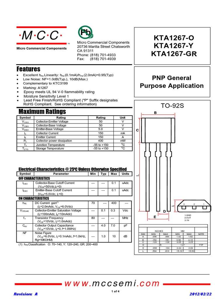 KTA1267 PNP Transistor Specs | PDF | Bipolar Junction Transistor ...