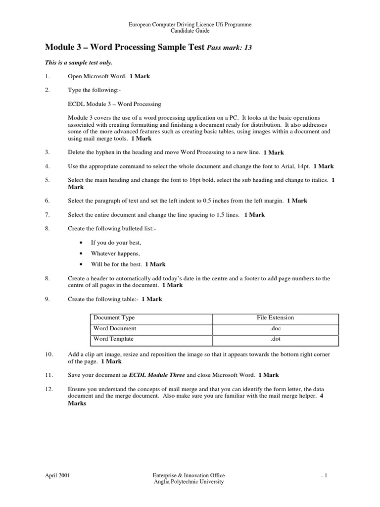 Module 3 - Word Processing Sample Test: Pass Mark: 13 | PDF | Microsoft ...