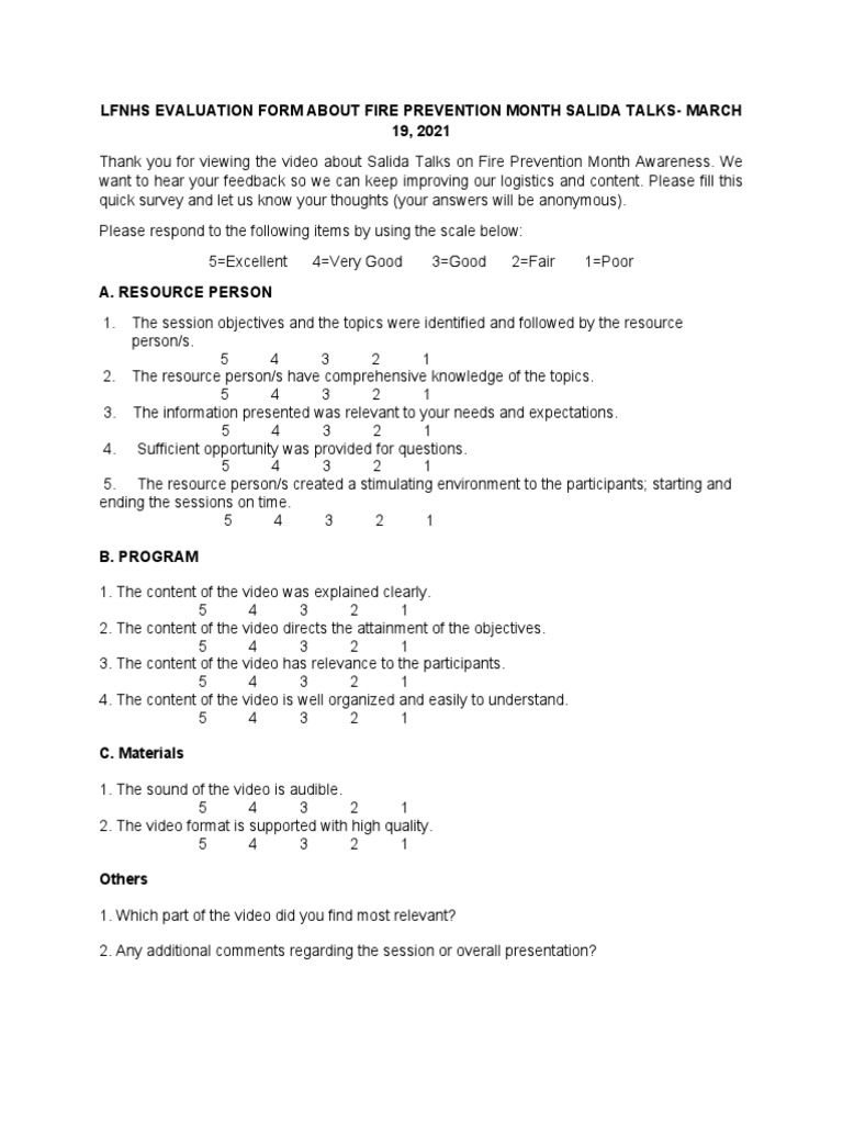 Evaluation Form Salida Talks Fire Prevention Month | PDF