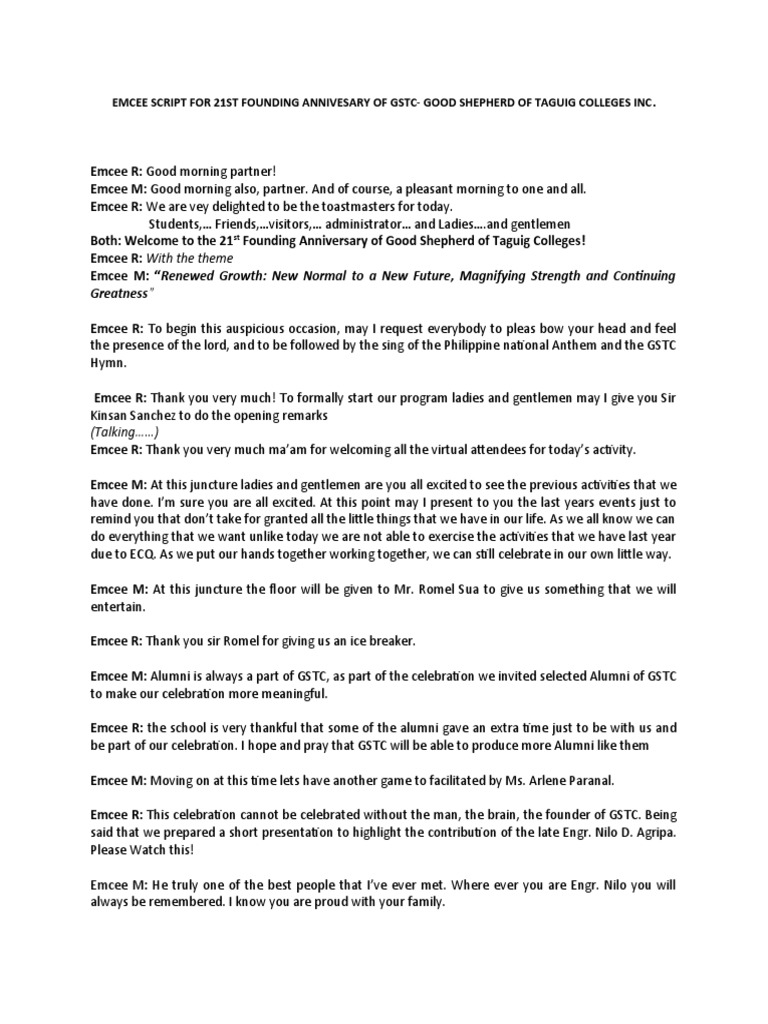 Emcee Script For 21st Founding Annivesary of GSTC | PDF