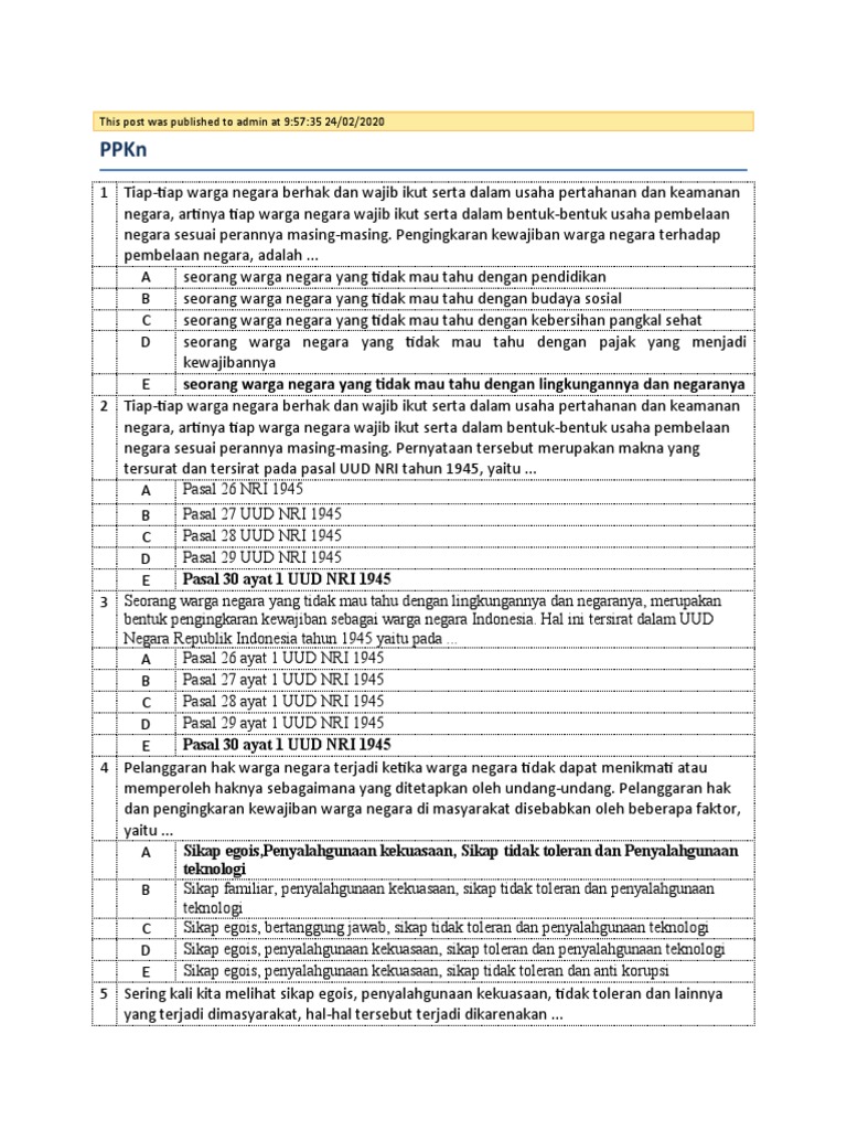 Contoh Soal Pelajaran PPKN SMK | PDF | Ilmu Sosial | Hukum