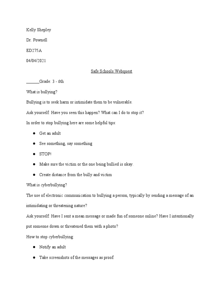 Safe School Webquest | PDF | Cyberbullying | Bullying