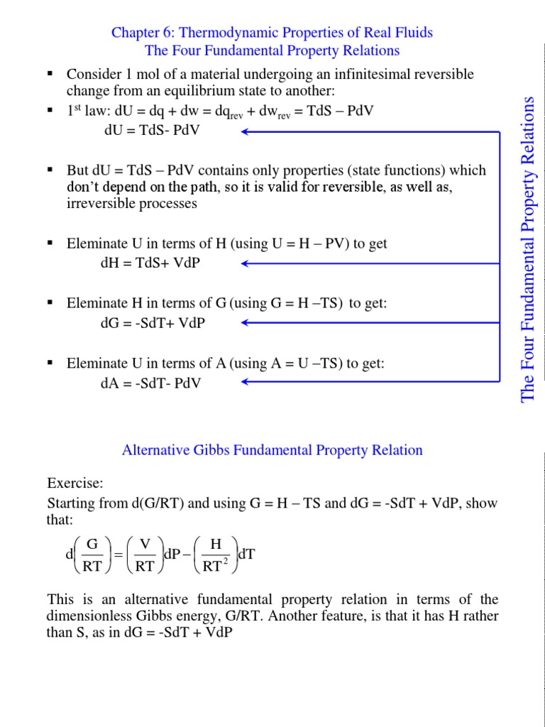 Chapter 6: Thermodynamic Properties of Real Fluids The Four Fundamental Property Relations | PDF ...
