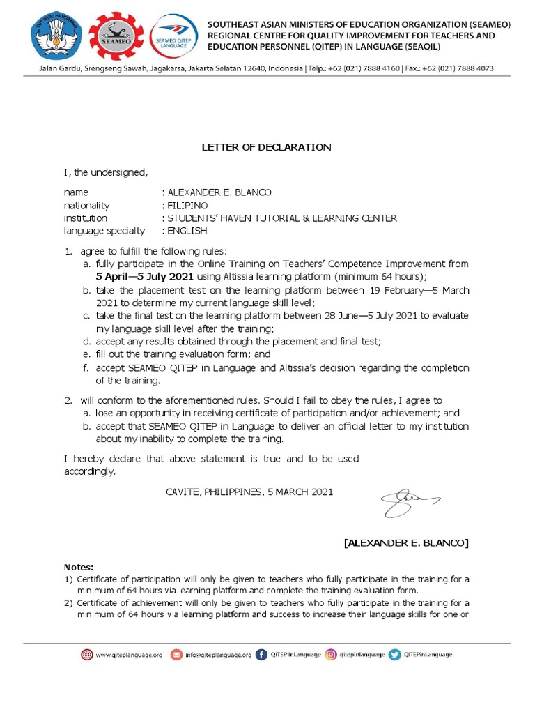 Form Letter of Declaration | PDF