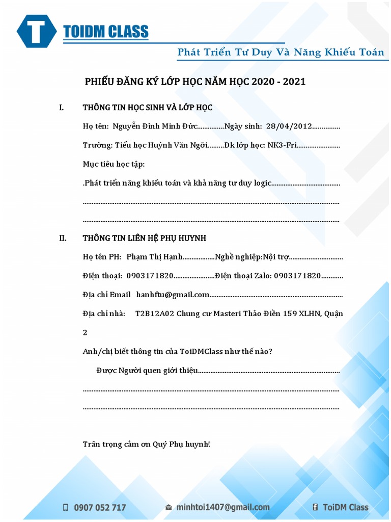 PhieuDK ToiDMClass 2021 MinhDuc | PDF