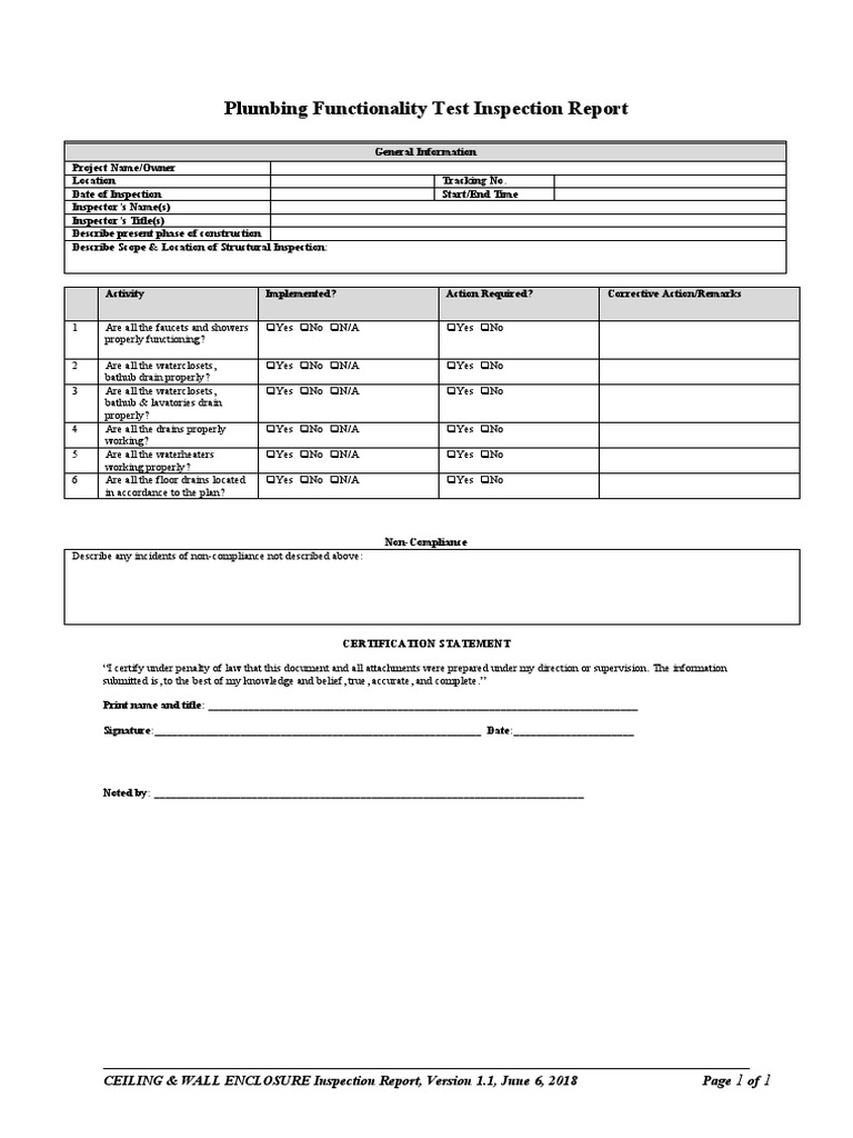 Plumbing Functionality Test Inspection Report: CEILING & WALL ENCLOSURE ...