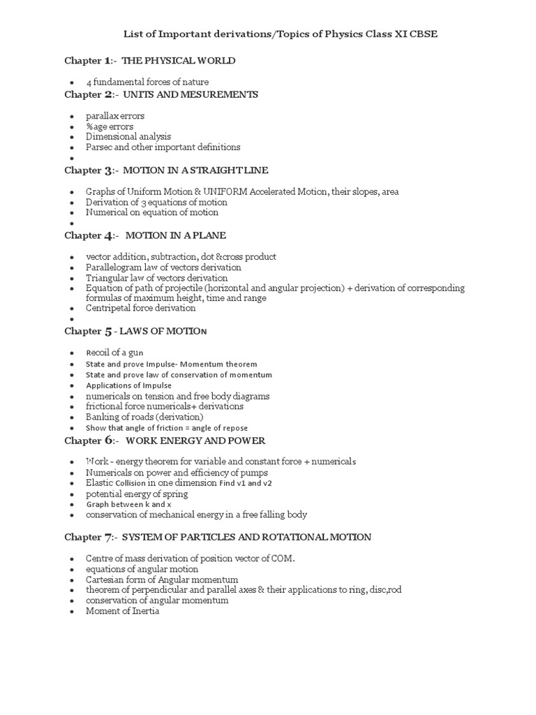 List of Important Derivations/topics of Physics Class XI CBSE | PDF | Angular Momentum ...