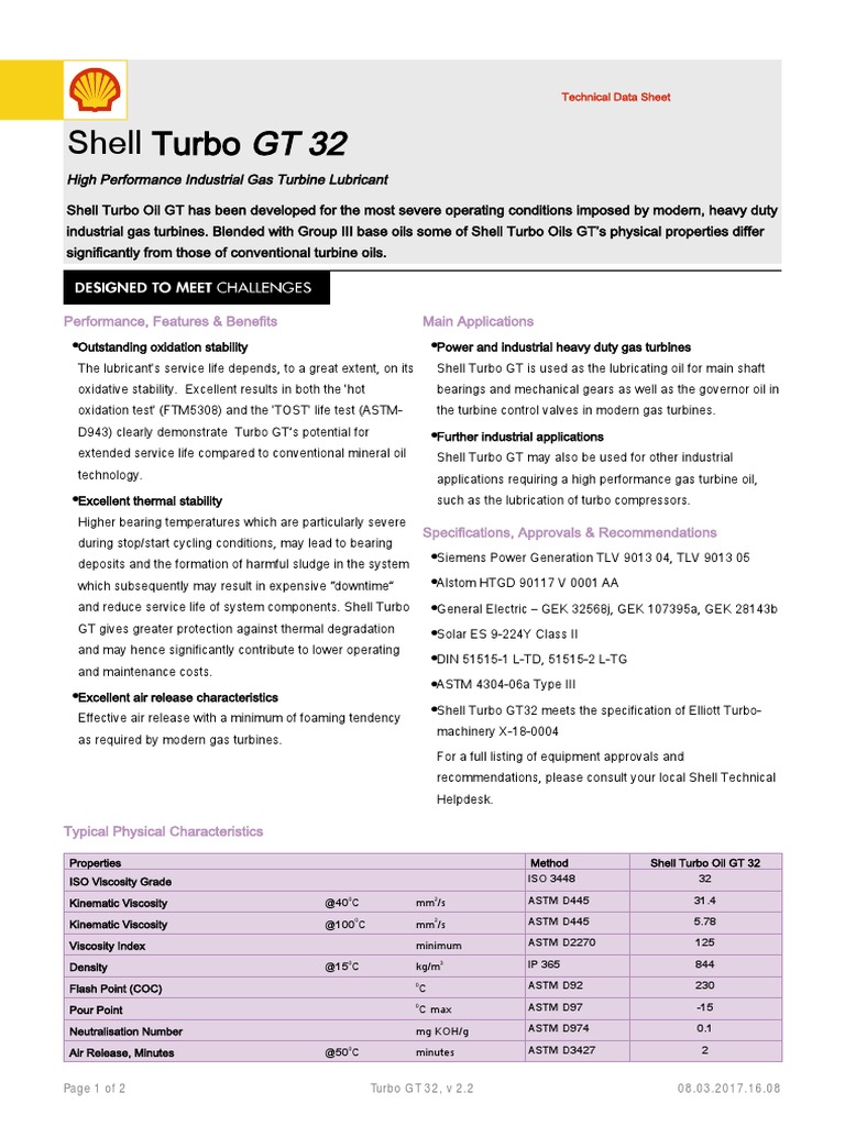 Shell Turbo GT 32: Gas Turbine Oil Specs | PDF | Gas Turbine | Lubricant