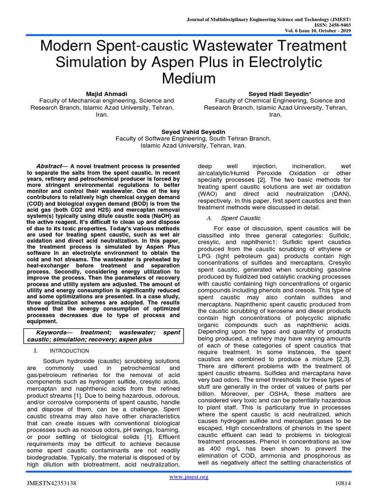Modern Spent-Caustic Wastewater Treatment Simulation by Aspen Plus in ...