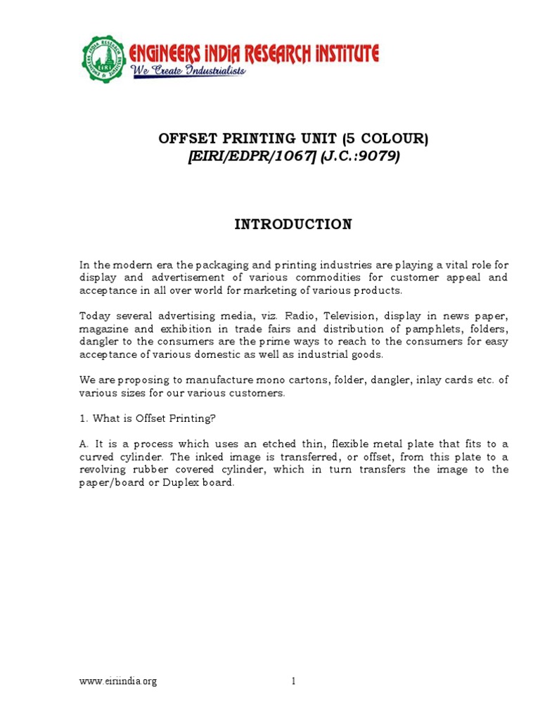 Project Report On Offset Printing Unit (5 Colour) | PDF | Printing | Paper