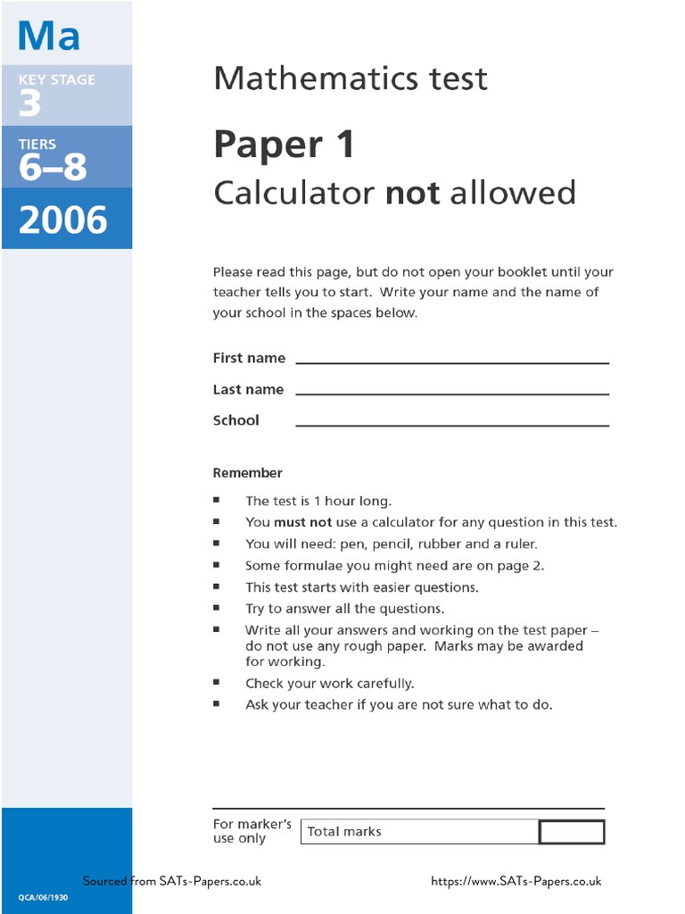 ks3 Mathematics 2006 Level 6 8 Paper 1 | PDF | Equations | Elementary ...
