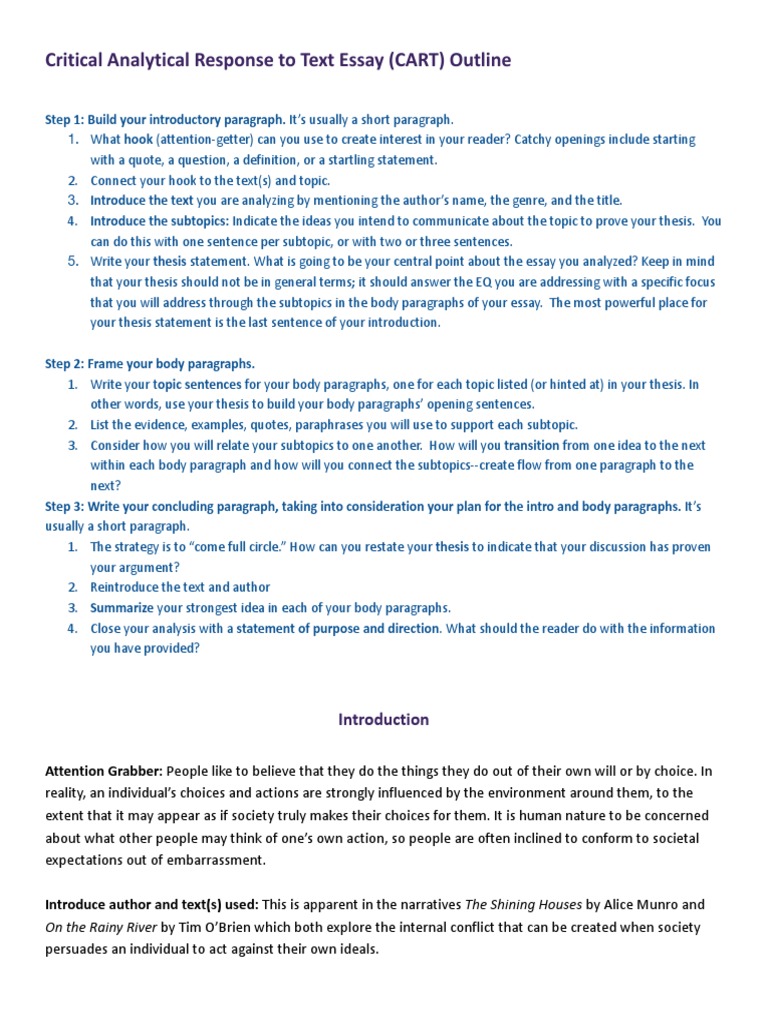 Critical Analytical Response To Text Essay (CART) Outline | PDF ...