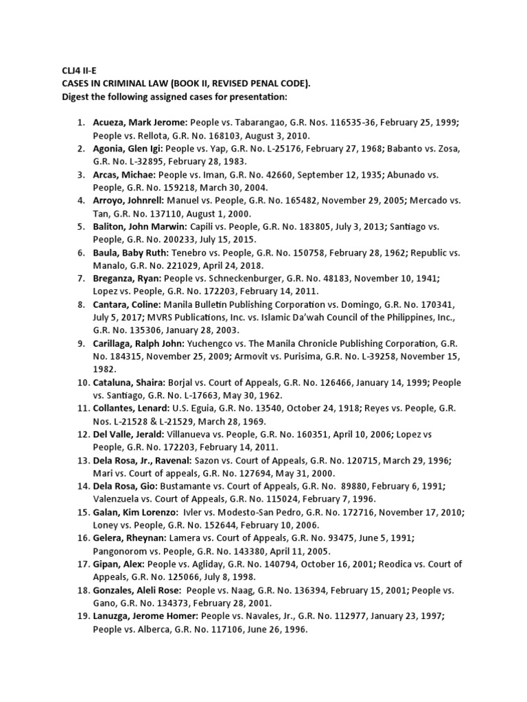 Clj4 Ii-E Cases in Criminal Law (Book Ii, Revised Penal Code) - Digest The Following Assigned ...