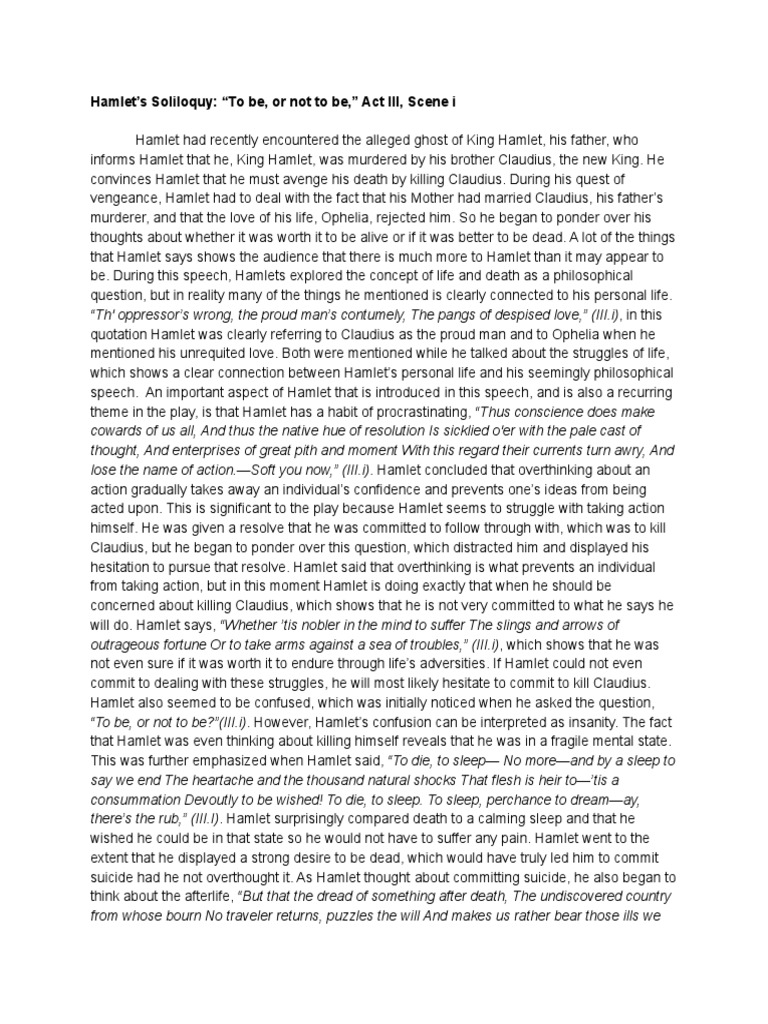 Hamlet's Soliloquy: "To Be, or Not To Be," Act III, Scene I | PDF | Hamlet