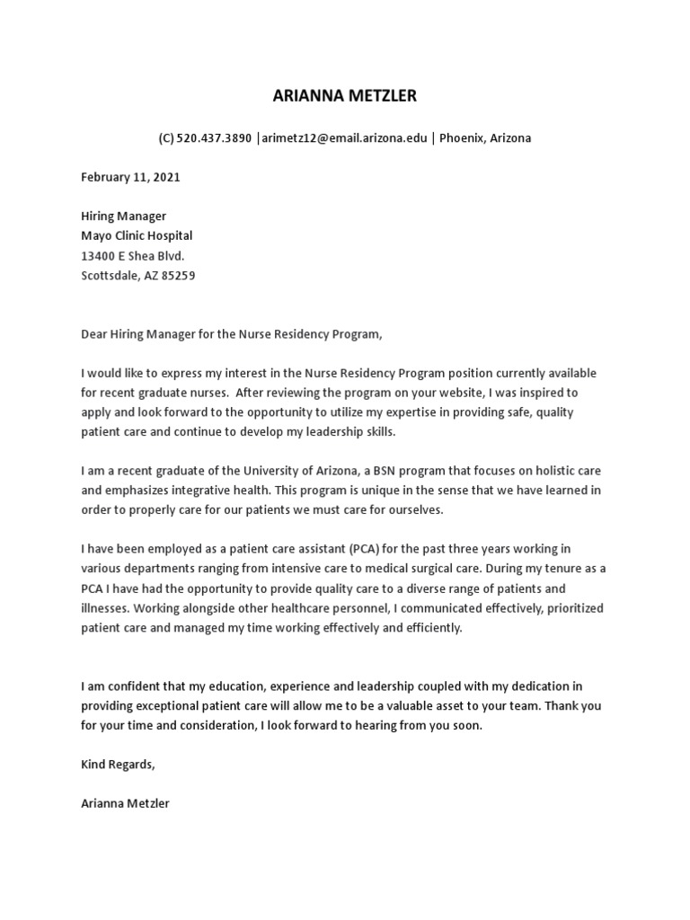 Metzler Arianna Cover Letter Mayo Clinic Nurse Residency 2 | PDF