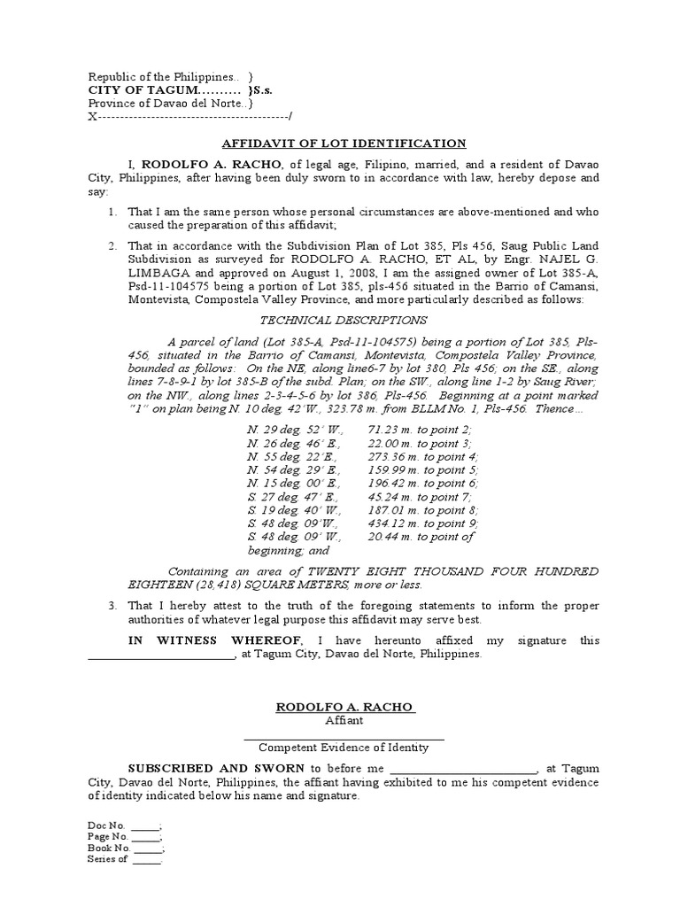 Affidavit of Lot Identification | PDF | Affidavit | Legal Documents