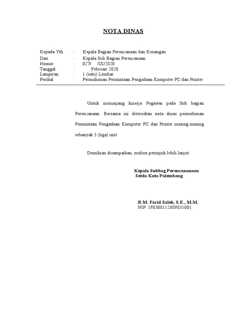 Nota Dinas Permintaan Komputer 2020 | PDF