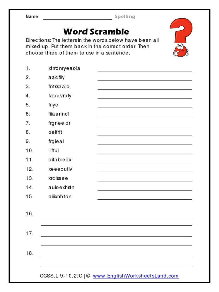 Word Scramble: Directions: The Letters in The Words Below Have Been All ...