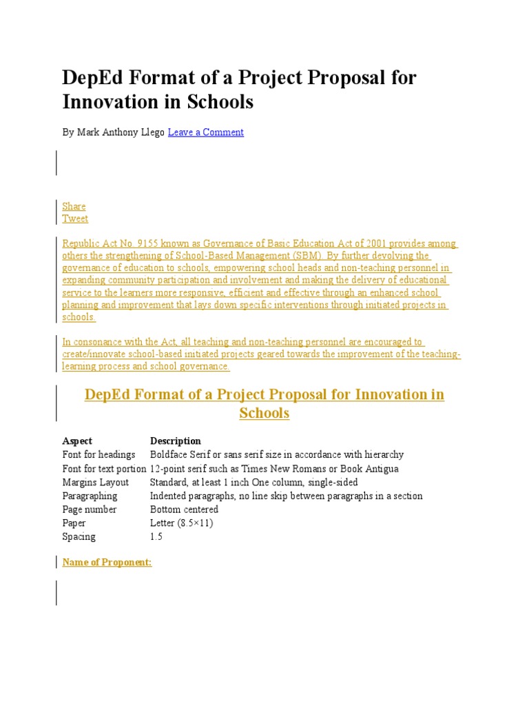 DepEd Format of A Project Proposal For Innovation in Schools | PDF ...