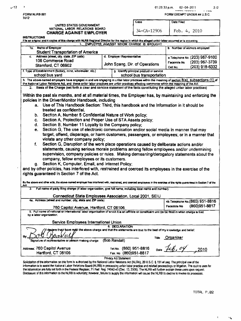 NLRB Charge Student Transp. Am. (Filed Feb. 4, 2011) | Unfair Labor ...