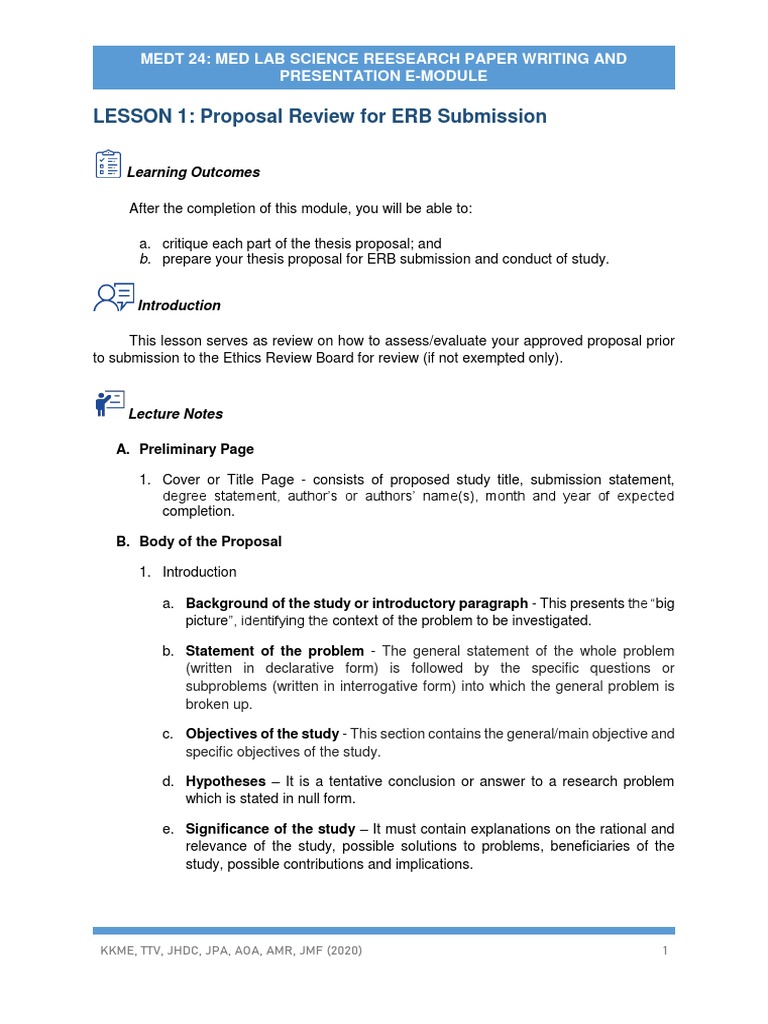 LESSON 1: Proposal Review For ERB Submission: Medt 24: Med Lab Science ...