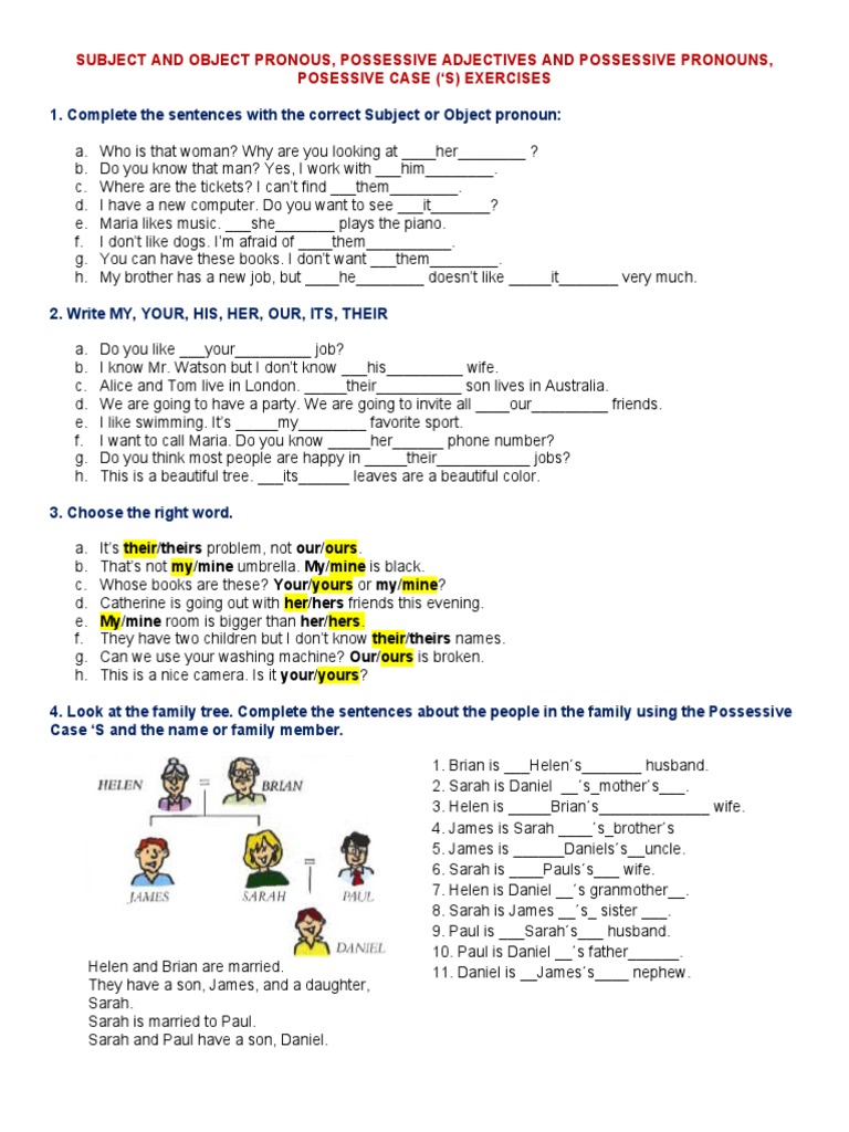 Subject and Object Pronous, Possessive Adjectives and Possessive ...