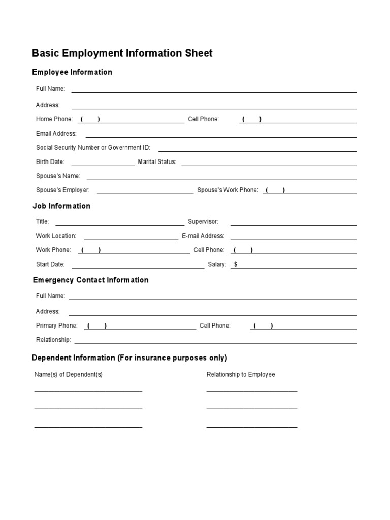 Basic Employment Information Sheet | PDF | Finance & Money Management | Law