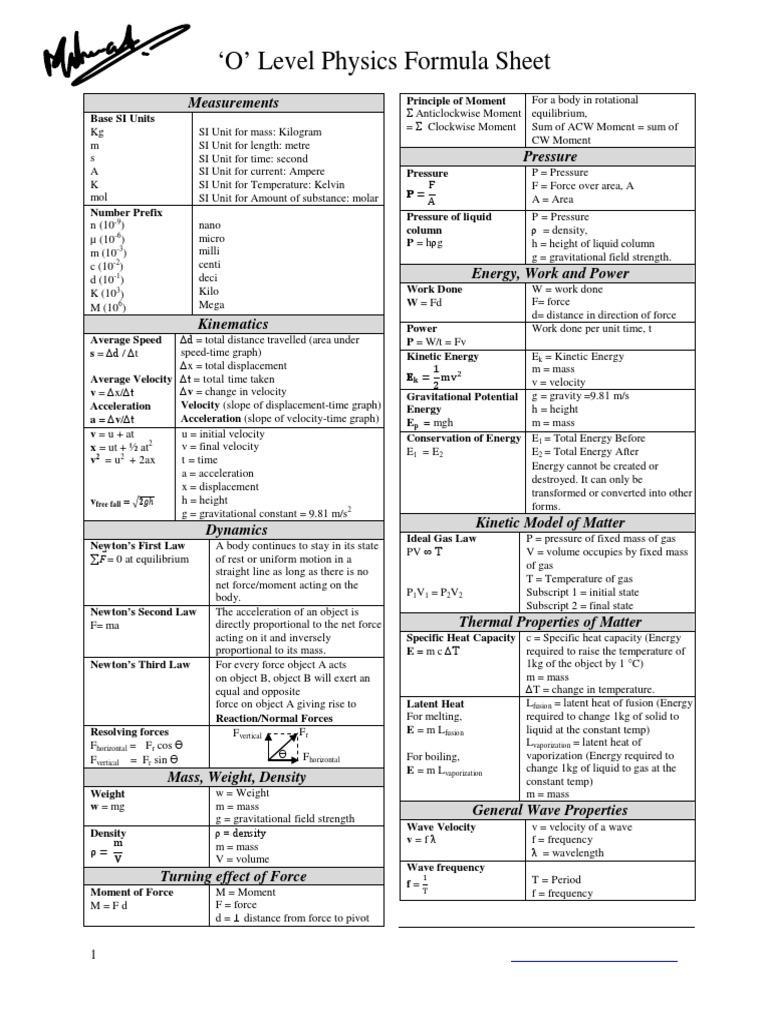 O' Level Physics Formula Sheet: Measurements | PDF