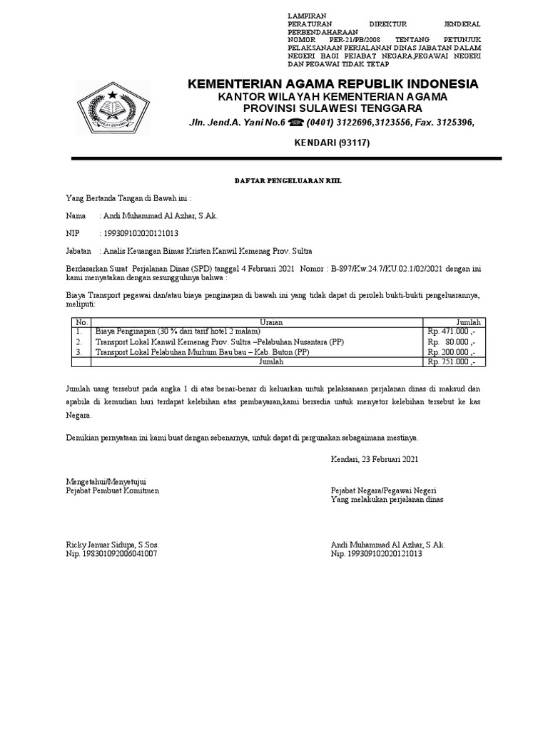 Contoh Format Pembuatan Pernyataan Pengeluaran Riil Perjalanan Dinas | PDF