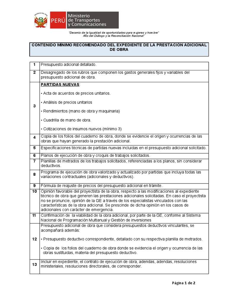 Contenido Mínimo Recomendado Del Expediente de La Prestación Adicional de Obra | PDF ...