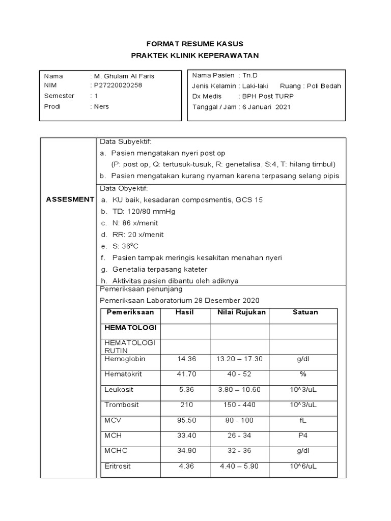 Resume BPH Post Turp Muhammad Ghulam Minggu 3 | PDF