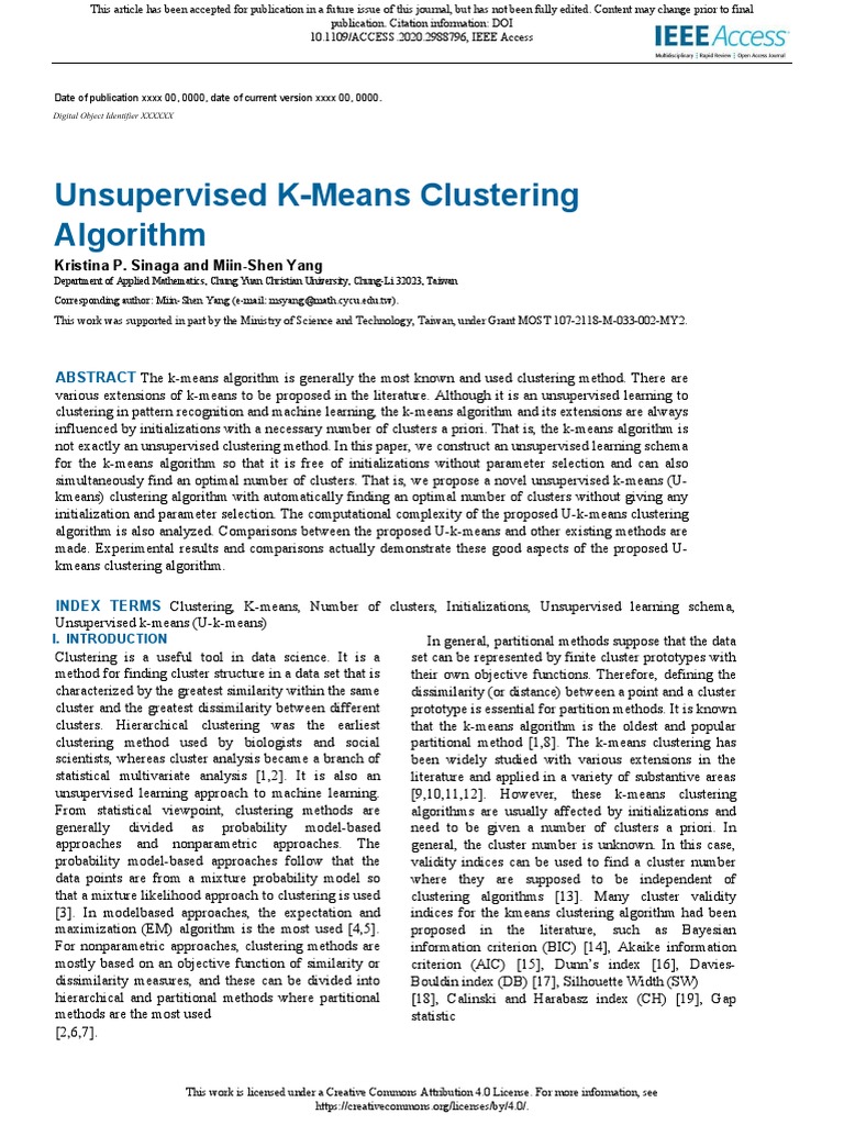 Unsupervised K Means Clustering Algorithm Pdf Cluster Analysis Applied Mathematics