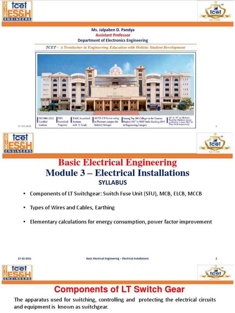 BEE Module 3 - Electrical Installations FE SEM-I 2020-21 | PDF | Fuse (Electrical) | Electronics