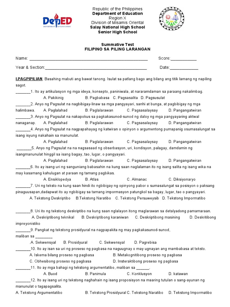 Summative Test Filipino G12 | PDF