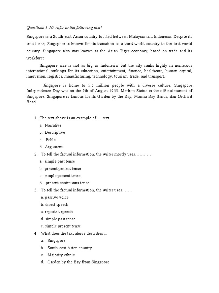 Soal Descriptive Text Kelas X | PDF | Singapore | World Politics