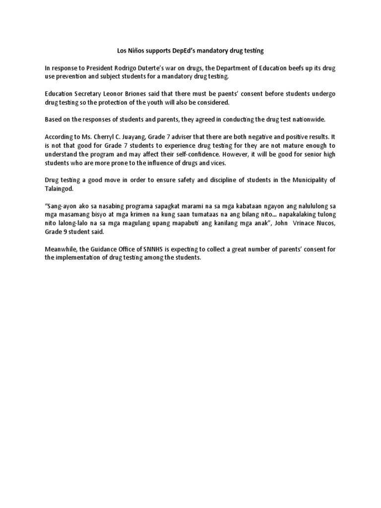 Los Niños Supports Deped'S Mandatory Drug Testing | PDF | Self ...