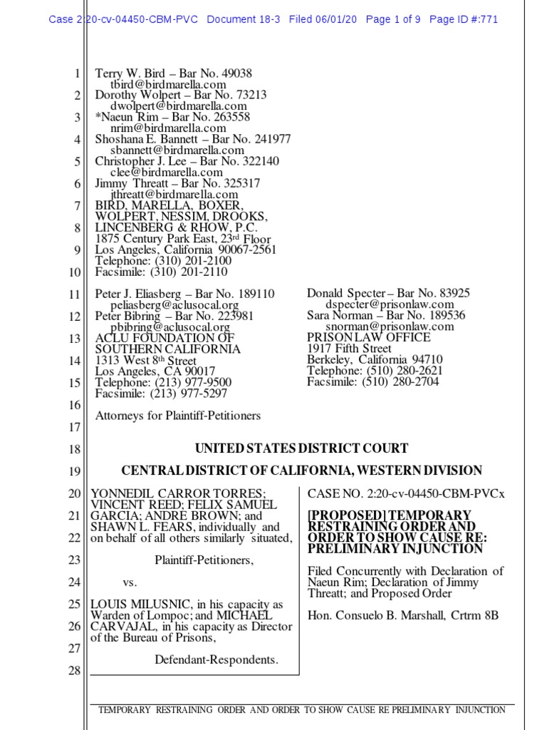 Lompoc FCC 6-1-20 Proposed Injunc Order | PDF | Injunction | Prison