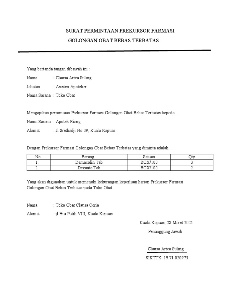 Contoh SURAT PERMINTAAN PREKURSOR FARMASI | PDF