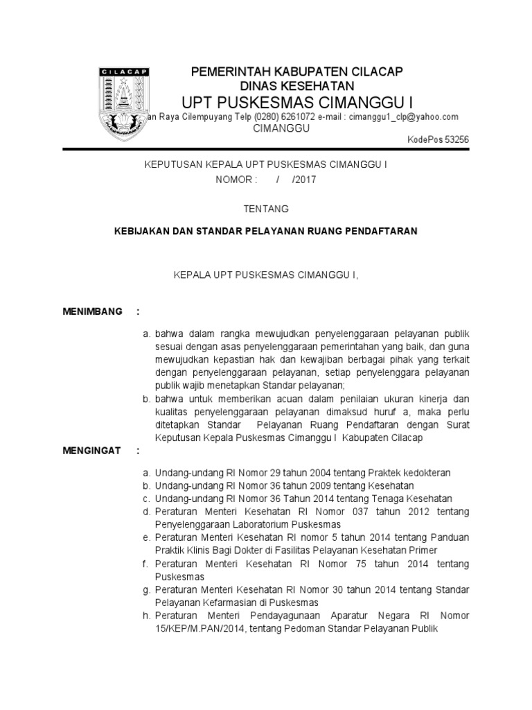 Kebijakan Dan Standar Pelayanan Ruang Pendaftaran | PDF