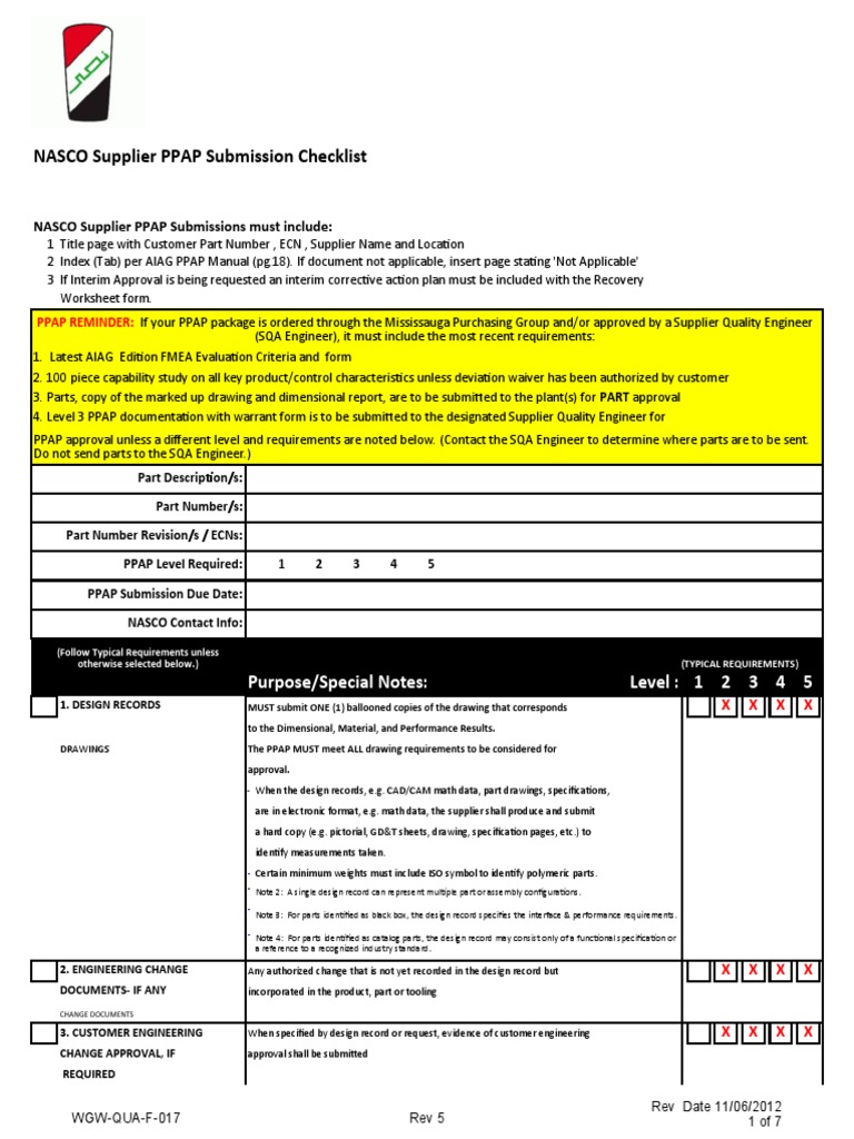 NASCO Supplier PPAP Submission Checklist: Purpose/Special Notes: Level ...