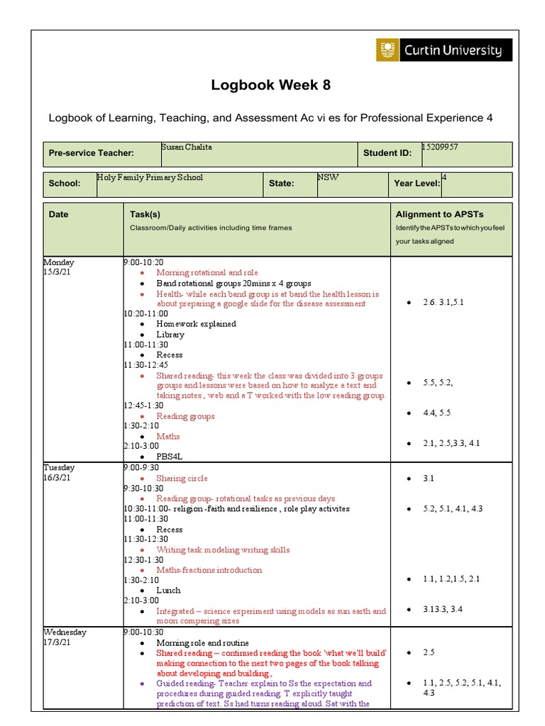Logbook Week 8: Logbook of Learning, Teaching, and Assessment Ac VI Es ...