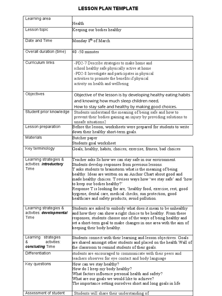 Healthy Living Lesson Plan Template | PDF | Lesson Plan | Teachers
