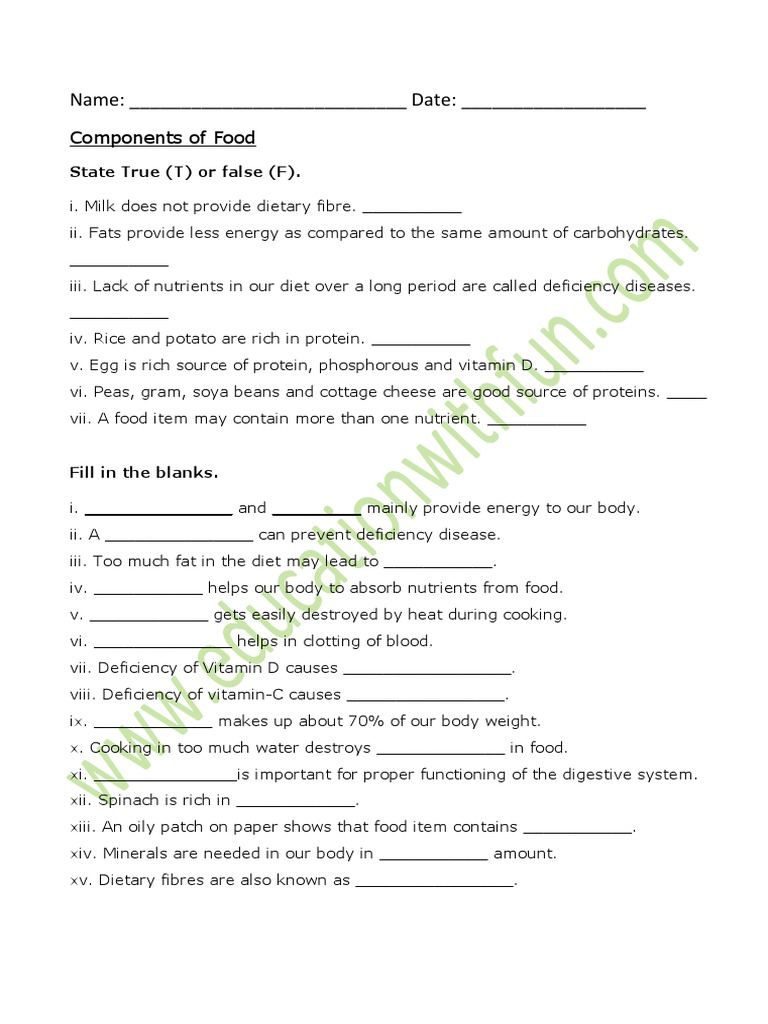 Components of Food Worksheet 1 | PDF | Nutrients | Vitamin