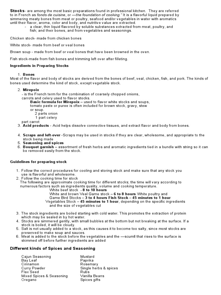 Stocks: Ingredients in Preparing Stocks | PDF | Stock (Food) | Soup