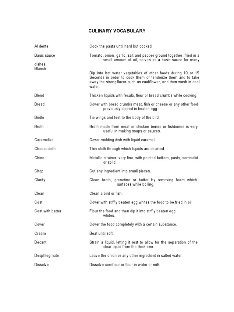 Culinary Vocabulary | PDF | Cooking | Breads