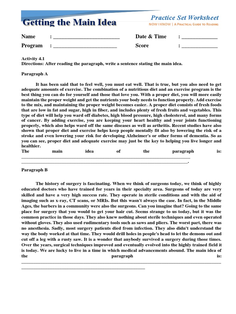 Getting The Main Idea: Practice Set Worksheet | PDF | Surgery | Diet ...