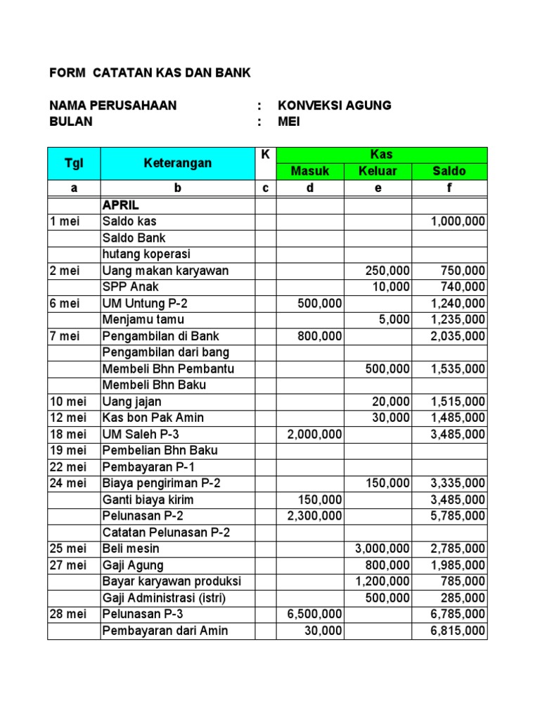Formulir Catatan Kas dan Bank Konveksi | PDF
