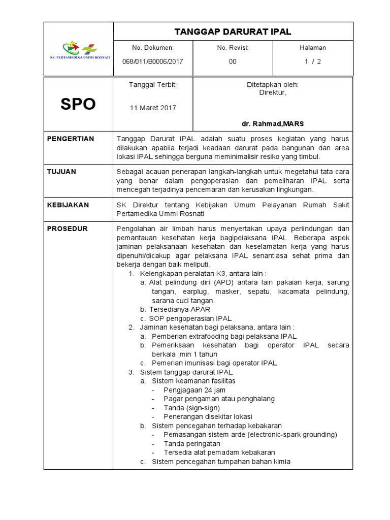 002 SPO Tanggap Darurat Ipal | PDF