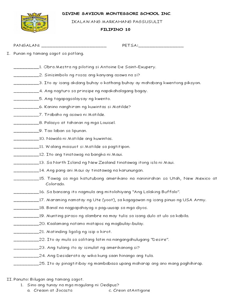Grade 10 Exam in Filipino 2nd QRTR 2020 | PDF