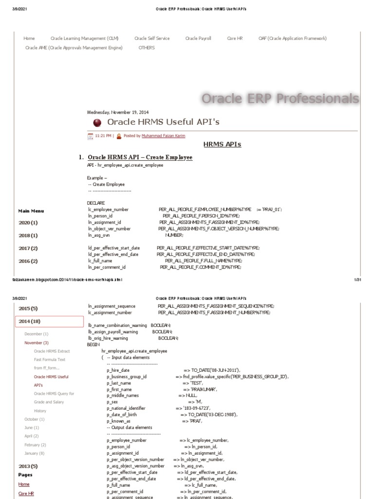 Oracle ERP Professionals - Oracle HRMS Useful API's | PDF | Boolean Data Type | Computer Science
